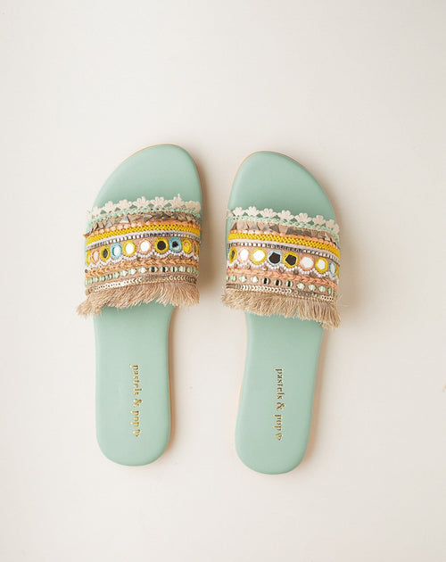 Get Teal Blue Embroidered Slides | Pastels & Pop